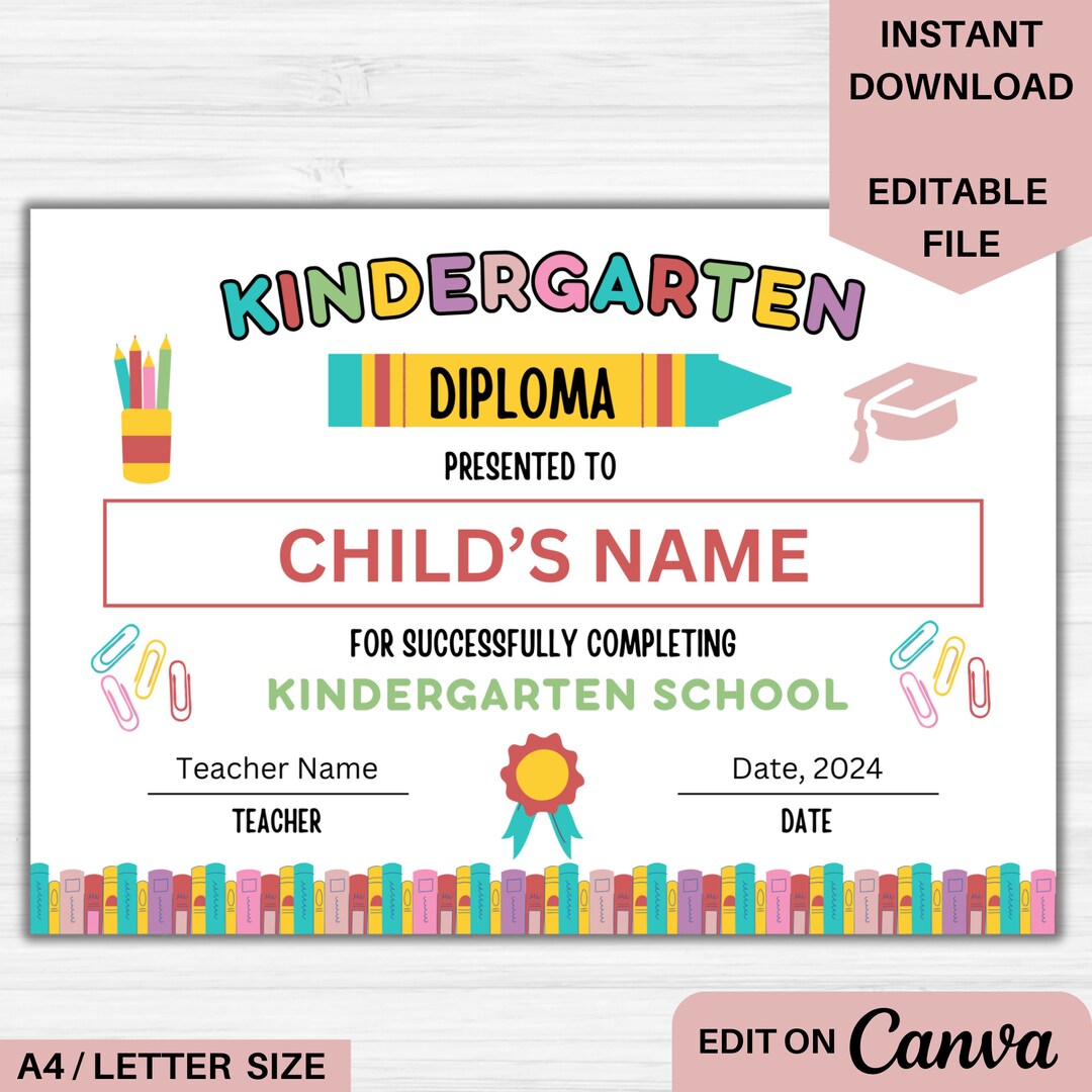 Kindergarten Diploma Certificate Editable Diploma Kindergarten ...