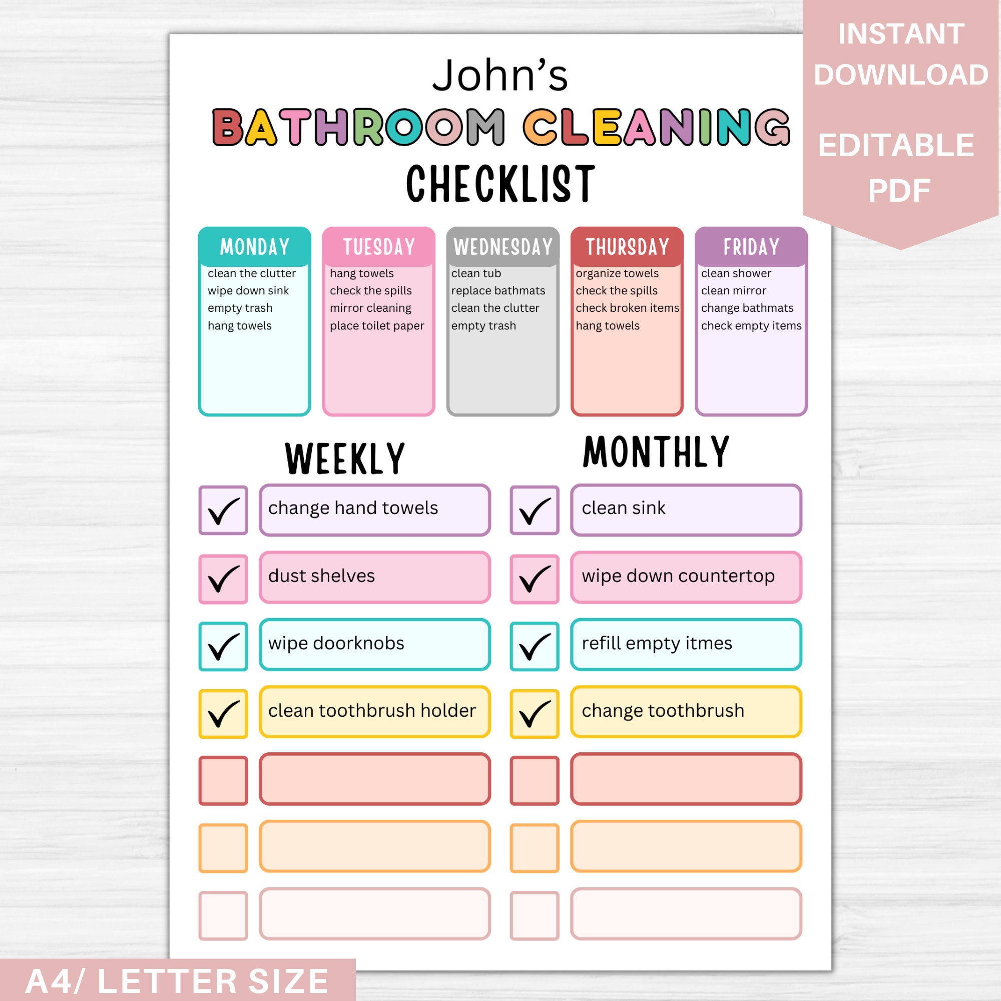 Cleaning Planner Kids Chore Chart Editable Bathroom Cleaning Schedule ...