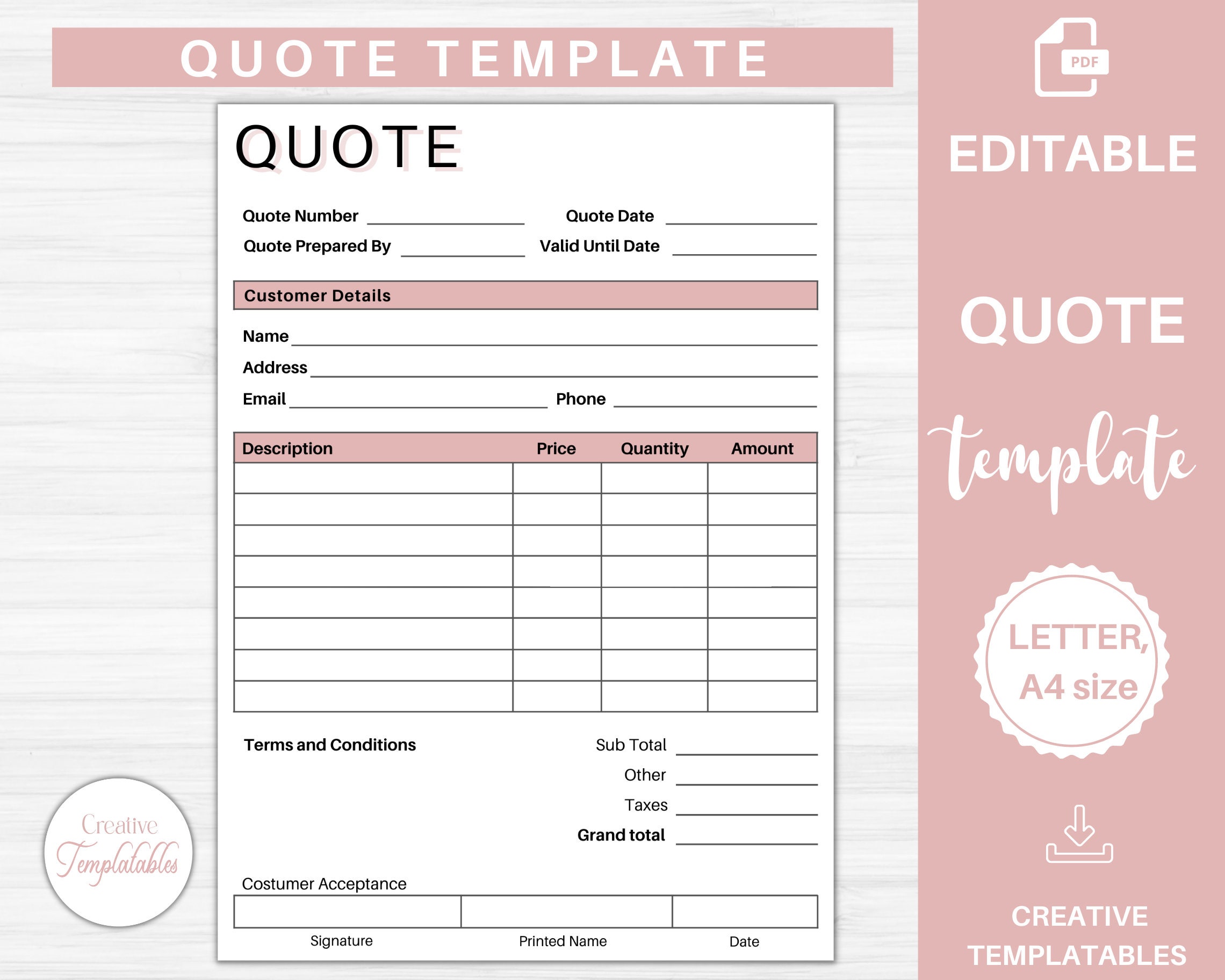 Quote Template Editable Job Quote Quotation Sheet Quote Estimate ...