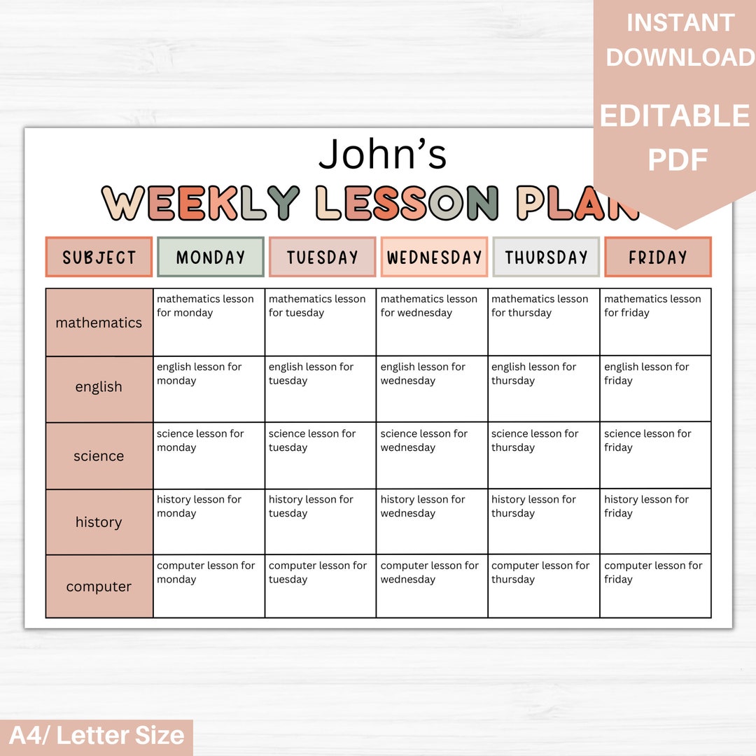 Weekly Lesson Plan Editable | Lesson Planner | Homeschool Teacher ...
