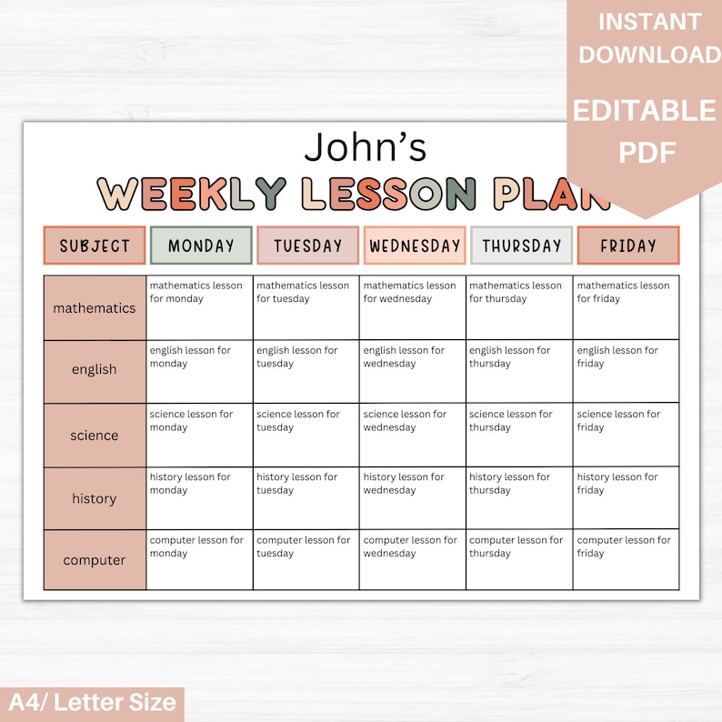 Weekly Lesson Plan Editable | Lesson Planner | Homeschool Teacher ...