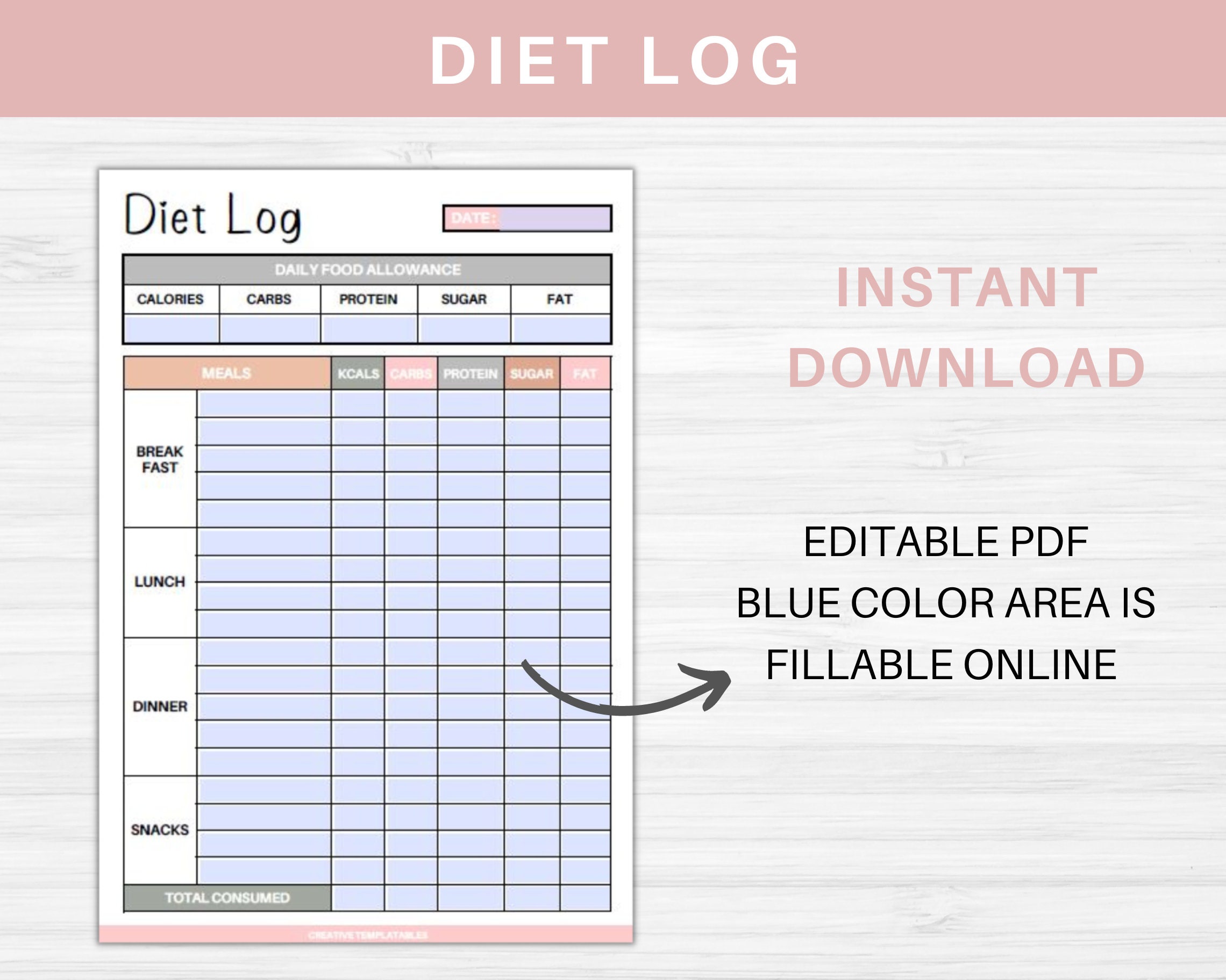 Diet Log Printable Fitness Log Fitness Tracker Diet Tracker Daily Food ...