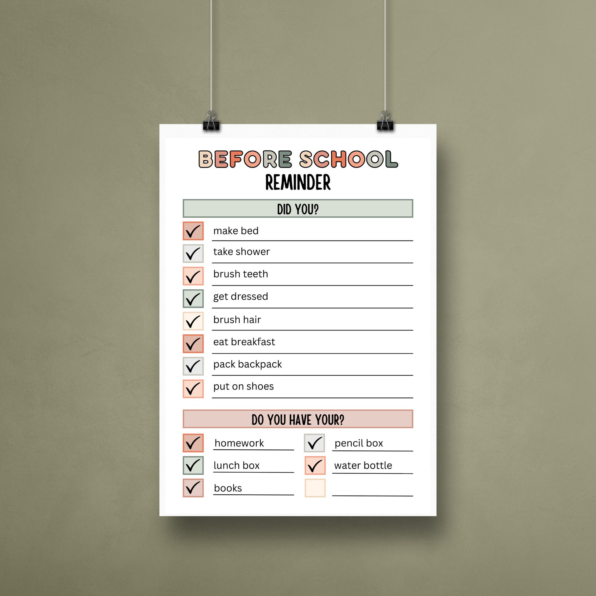 School Checklist Reminders for Kids Preschool Kindergarten Elementary ...