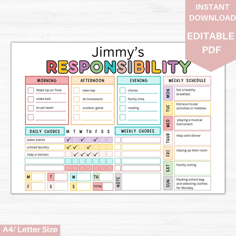 Responsibility Chore Chart for Kids | Editable Chore Chart | Daily ...