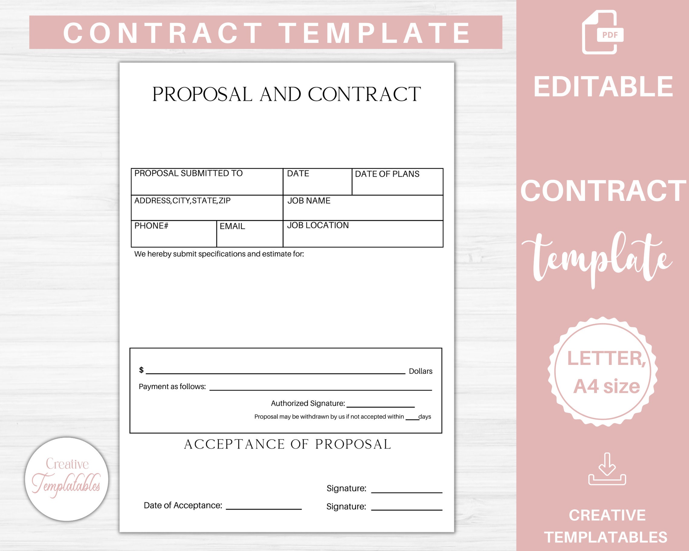 Contract Form | Editable Agreement Template | Business Form | Terms and ...