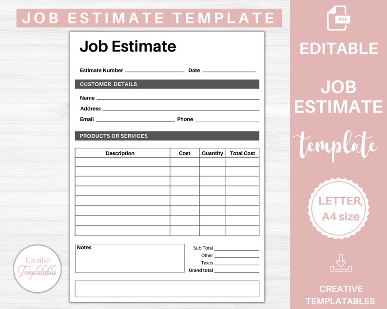 Job Estimate Template | Editable Job Proposal | Project Estimate ...