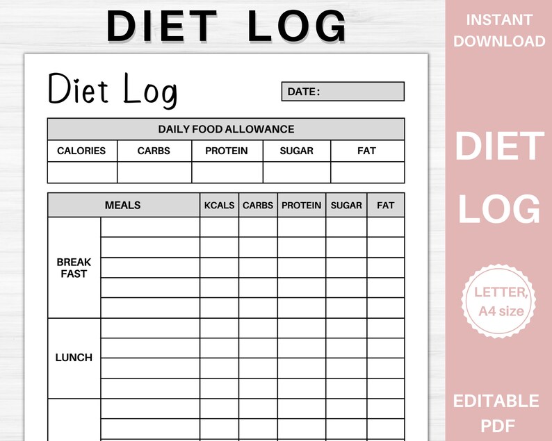 Diet Log Printable Fitness Log Fitness Tracker Diet Tracker Daily Food ...