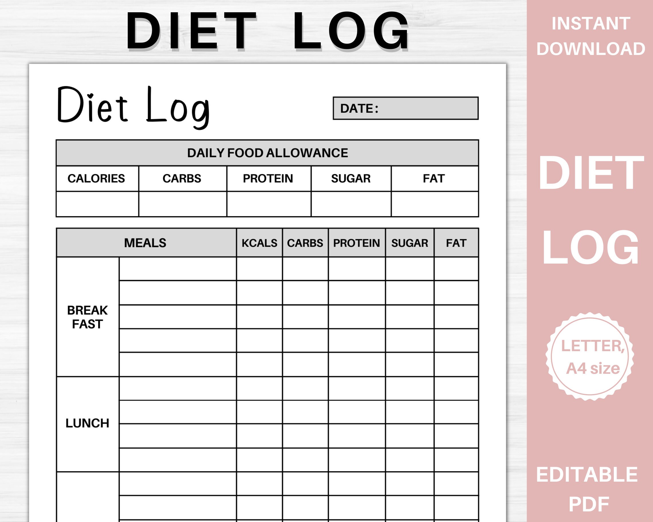 Diet Log Printable Fitness Log Fitness Tracker Diet Tracker Daily Food ...