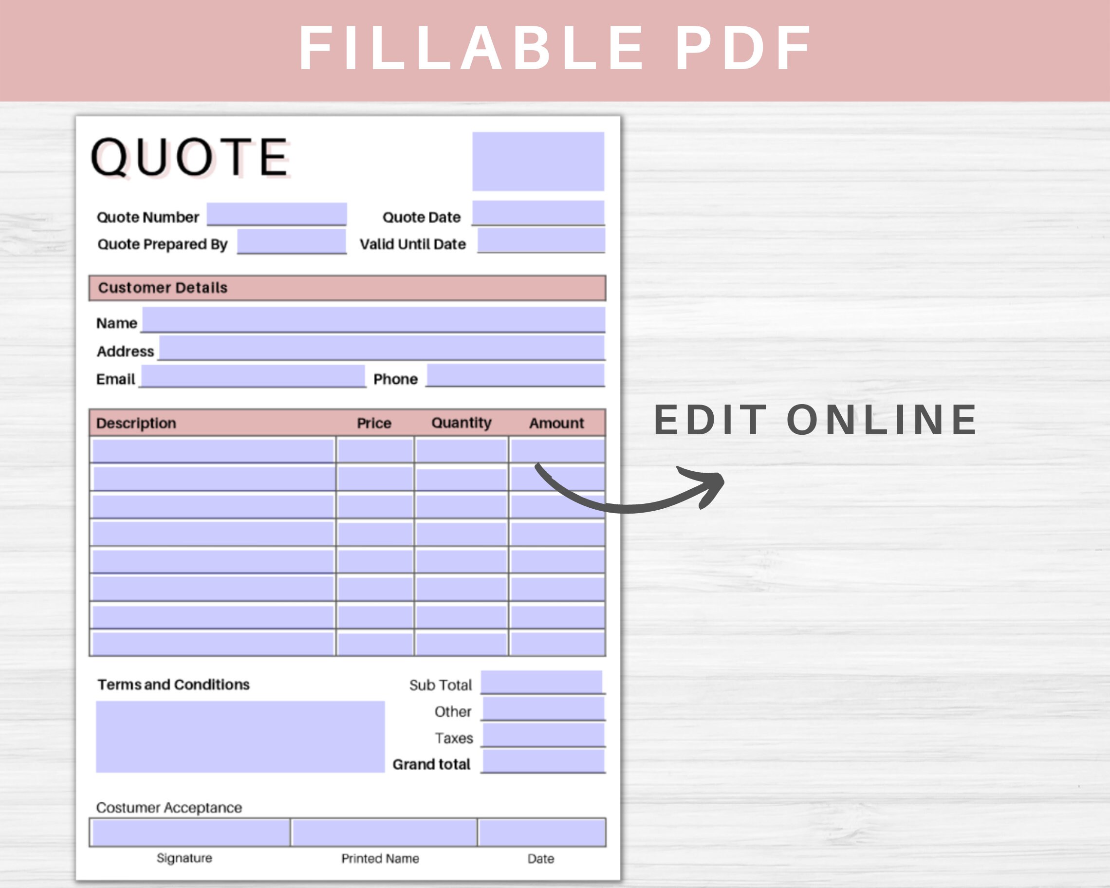 Quote Template Editable Job Quote Quotation Sheet Quote Estimate ...