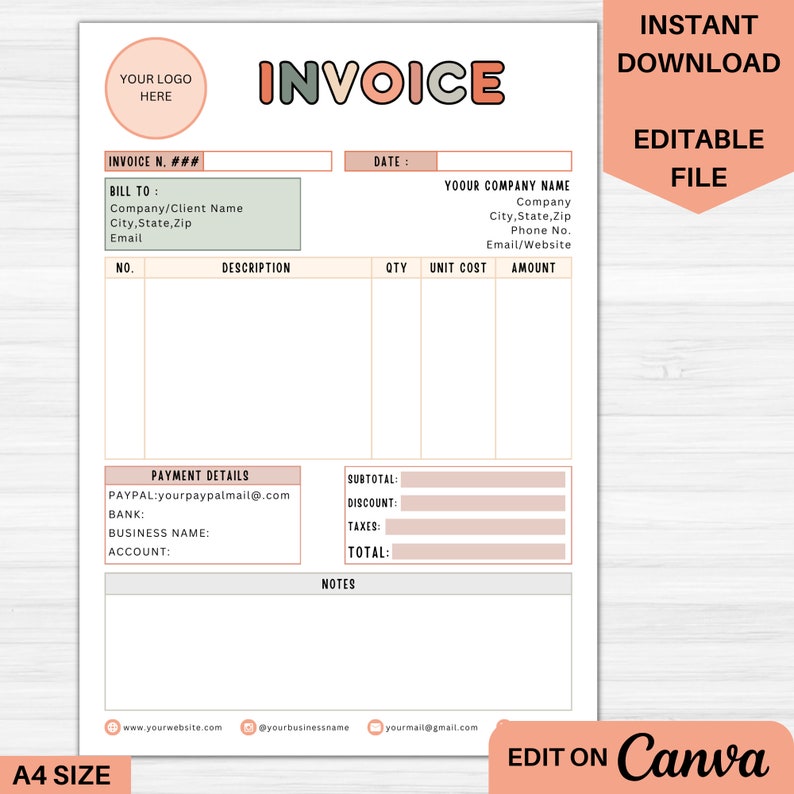 Invoice Template Editable Business Invoice Log Billing Template Receipt ...