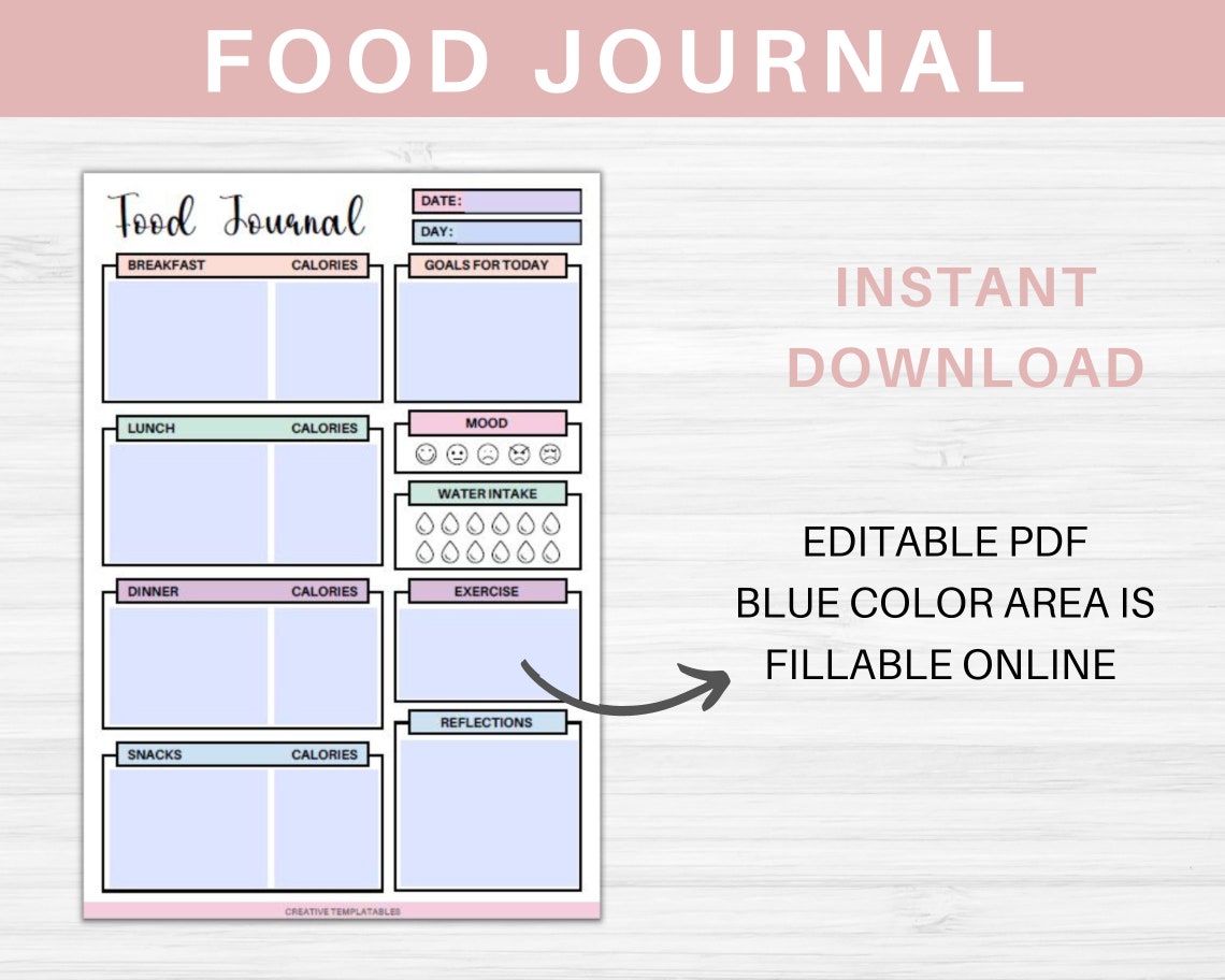 Food Journal Printable Food Diary Meal Journal Meal Tracker Daily Food ...