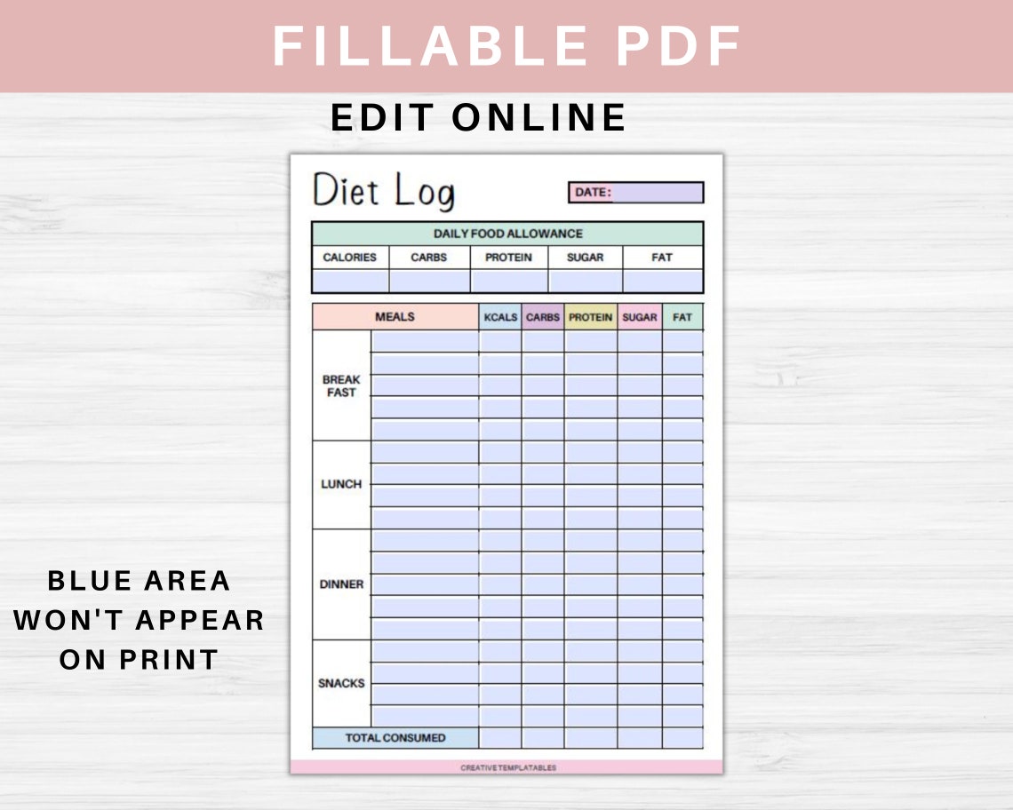 Diet Log Printable Fitness Log Fitness Tracker Diet Tracker Daily Food ...