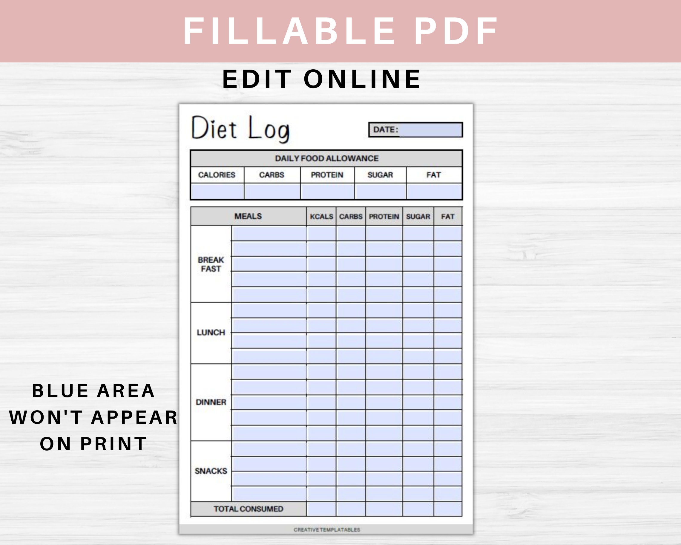 Diet Log Printable Fitness Log Fitness Tracker Diet Tracker Daily Food ...