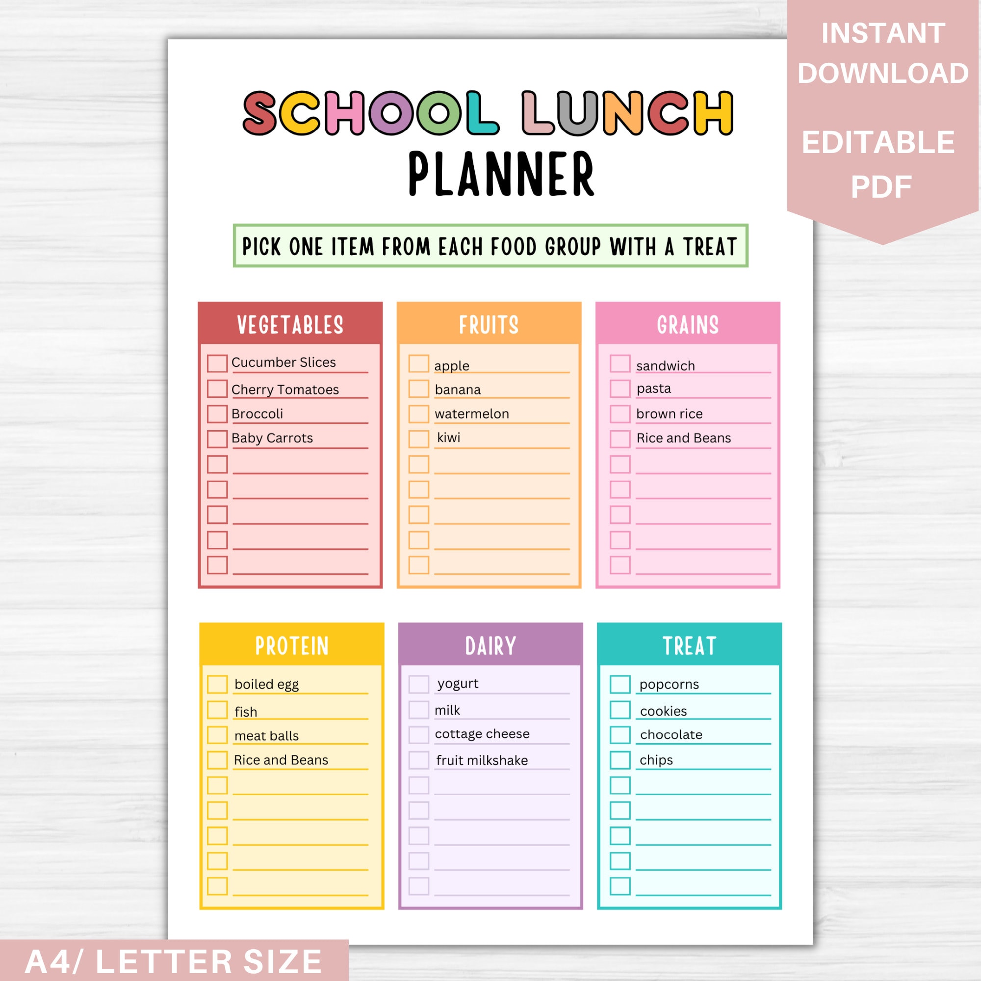 Kids School Lunchbox Checklist Editable | Healthy Lunchbox | Kids ...