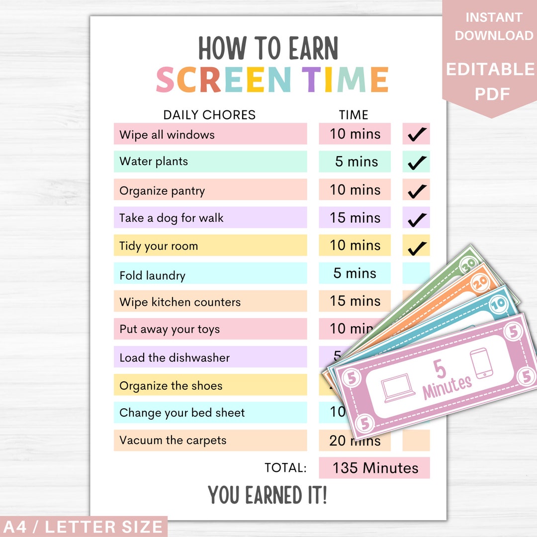 How to Earn Screen Time With Screen Bucks | Editable Allowance Chore ...