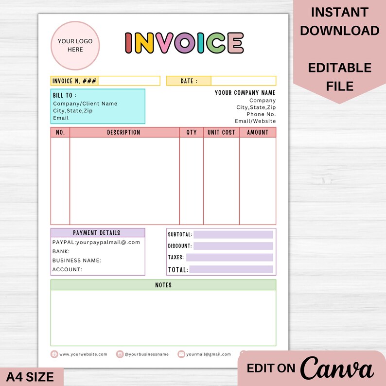 Invoice Template Editable Business Invoice Log Billing Template Receipt ...