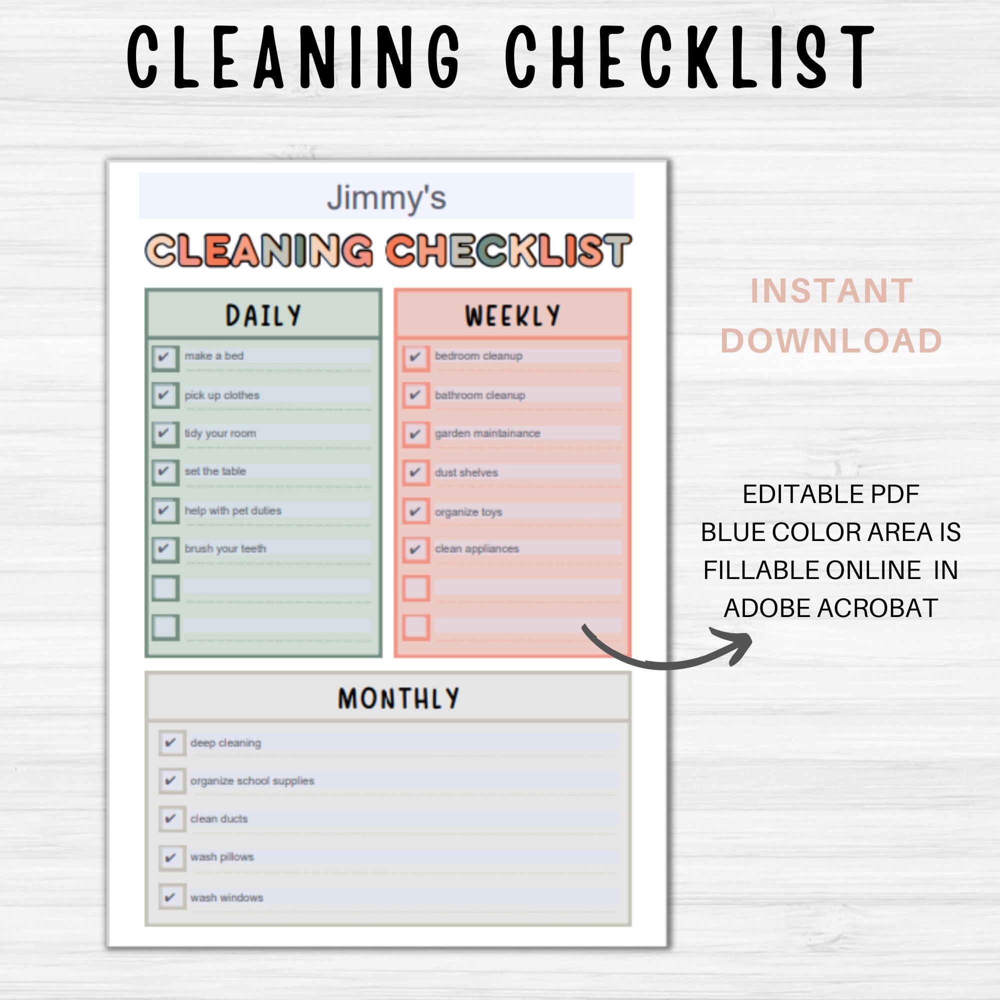 Cleaning Planner | Kids Chore Chart Editable | Cleaning Schedule for ...