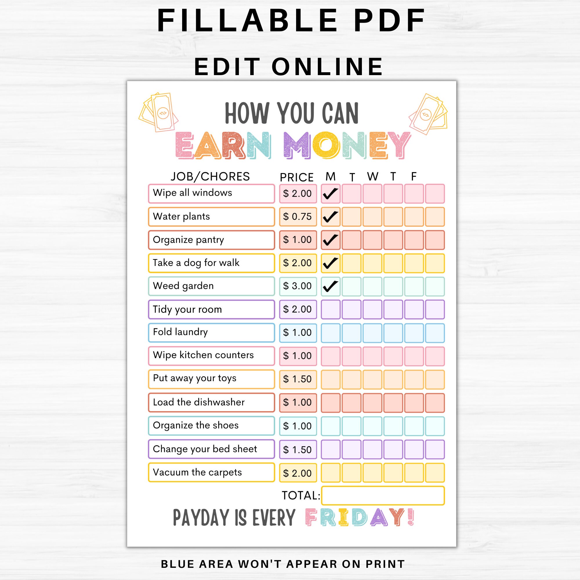 How to Earn Money Chore Chart | Editable Allowance Chore Chart for Kids ...