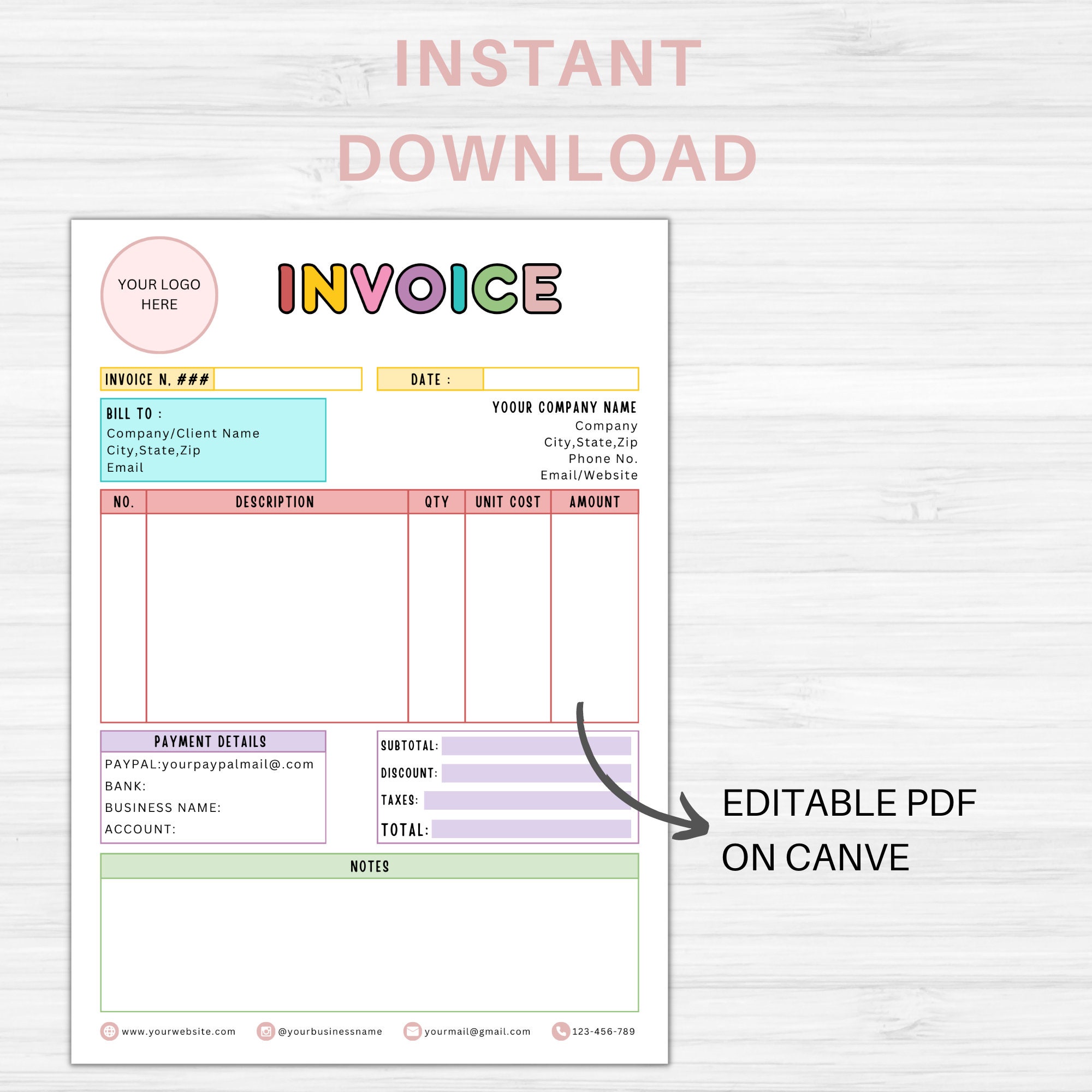 Invoice Template Editable Business Invoice Log Billing Template Receipt ...