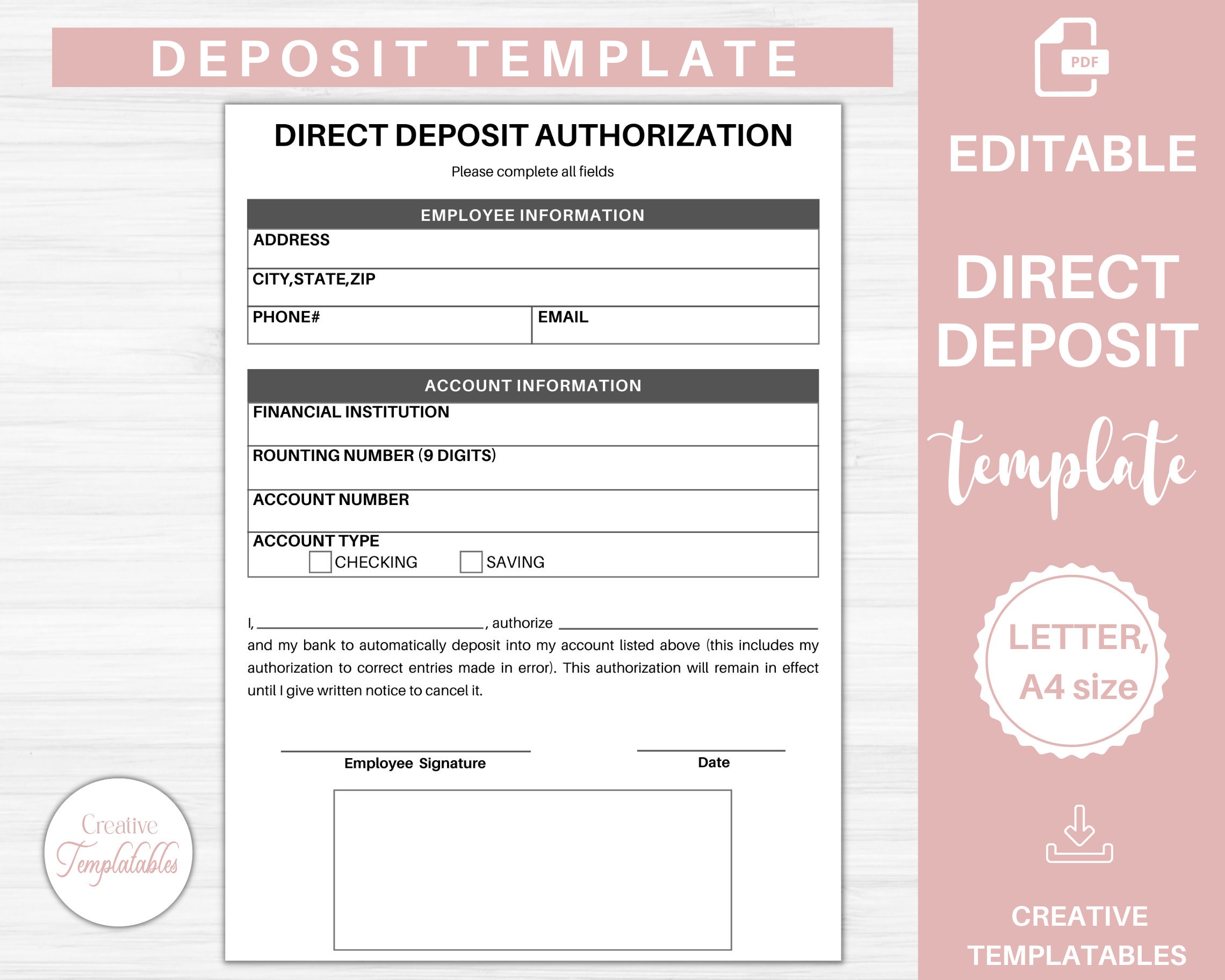 Direct Deposit Authorization Template | Editable Automatic Payment ...