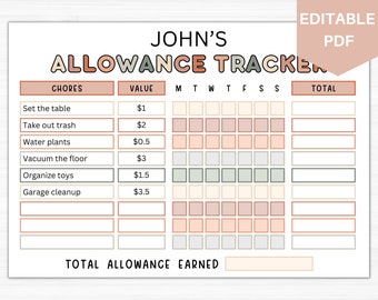 Kids Allowance Tracker Editable Earn Money Chore Chart for Kids Money ...