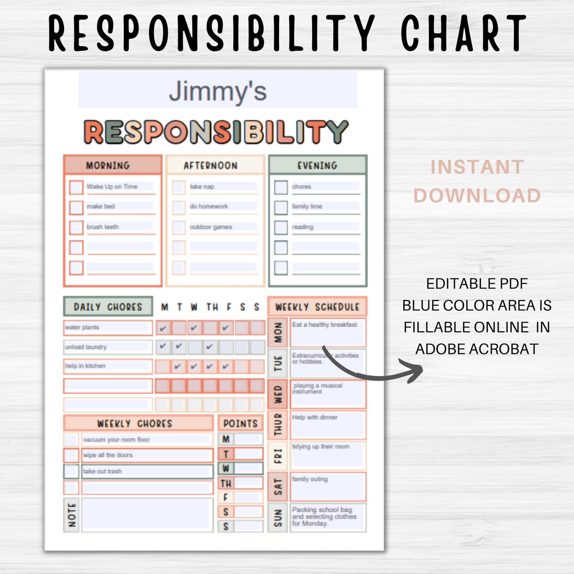 Responsibility Chore Chart for Kids Editable Chore Chart Daily Routine ...