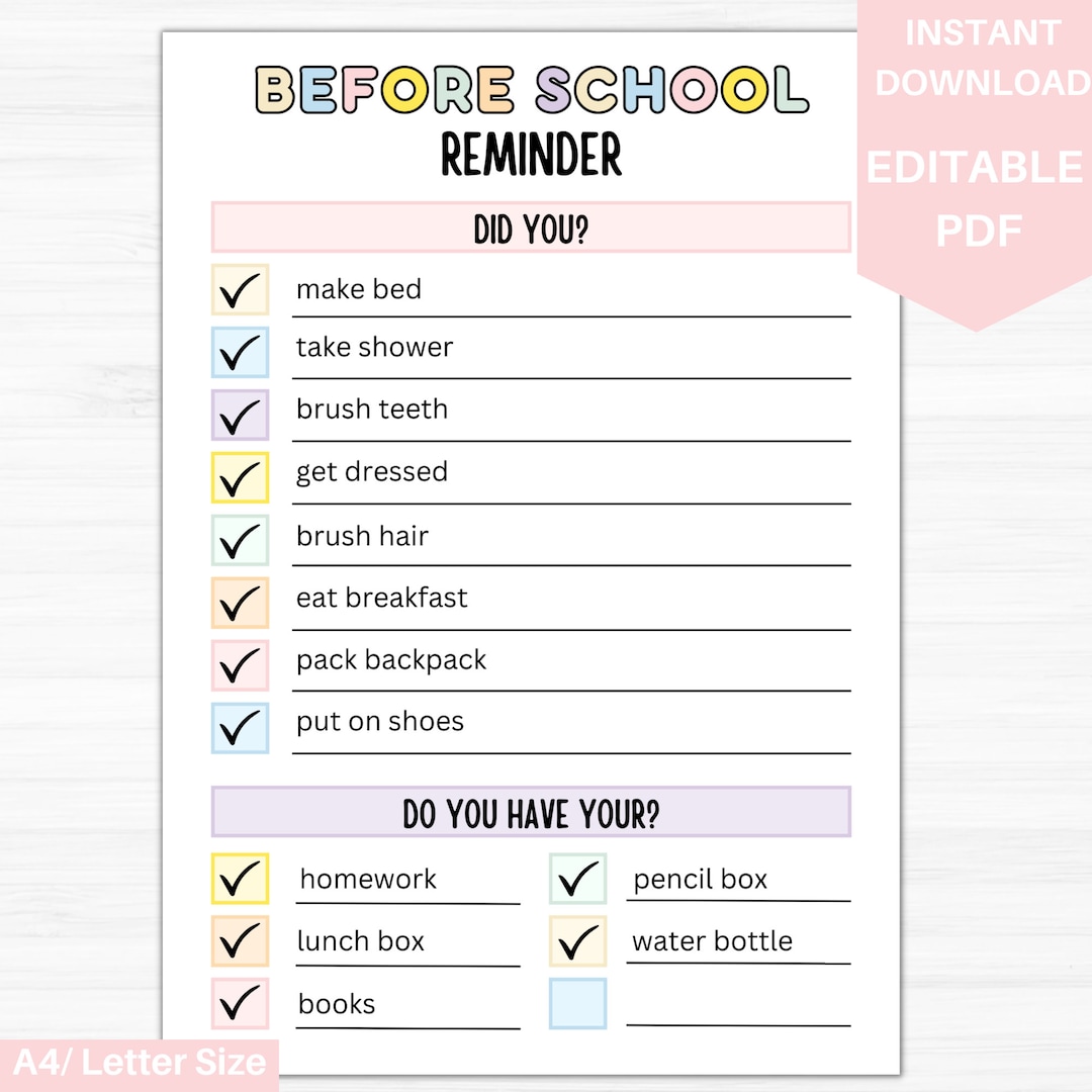 School Checklist Reminders for Kids | Preschool Kindergarten Elementary ...