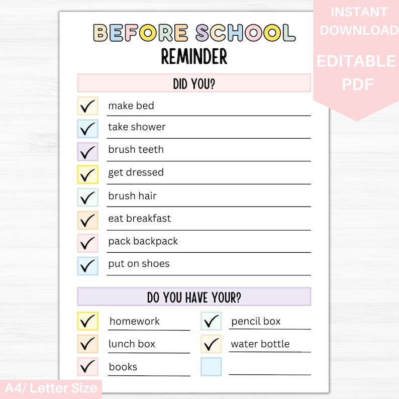 School Checklist Reminders for Kids Preschool Kindergarten Elementary ...
