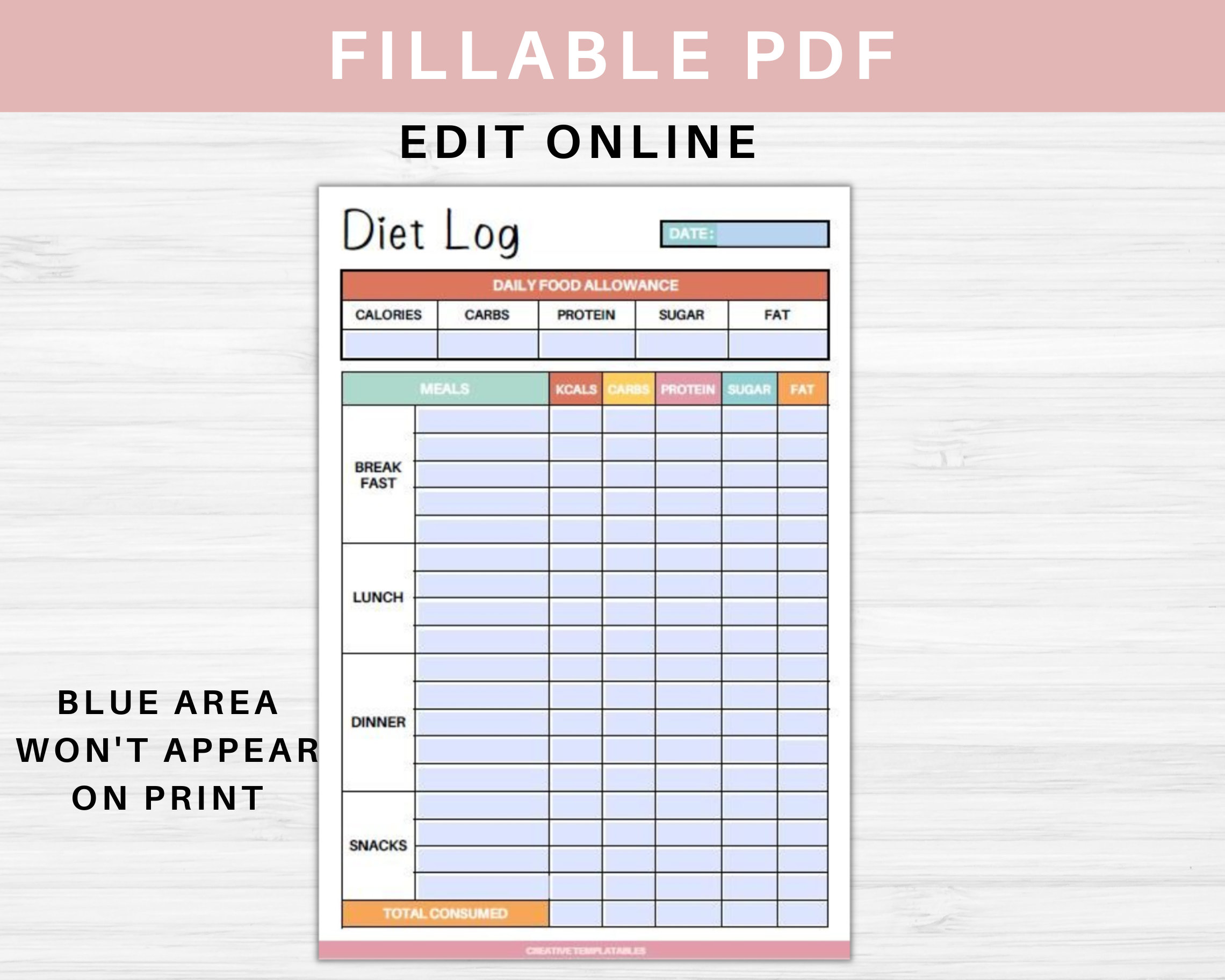 Diet Log Printable Fitness Log Fitness Tracker Diet Tracker Daily Food ...