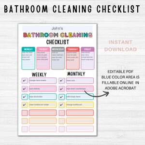Cleaning Planner Kids Chore Chart Editable Bathroom Cleaning Schedule ...