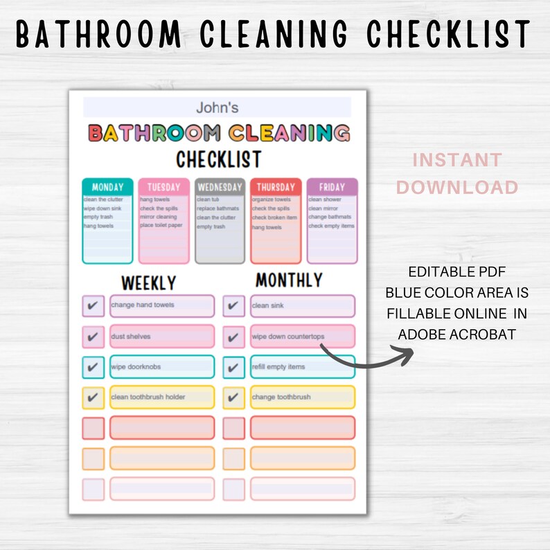 Cleaning Planner Kids Chore Chart Editable Bathroom Cleaning Schedule ...