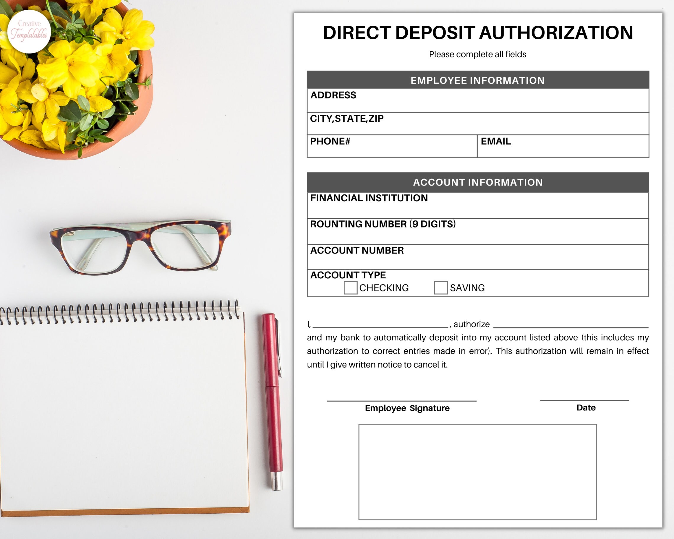 Direct Deposit Authorization Template | Editable Automatic Payment Authorization | Automatic ...