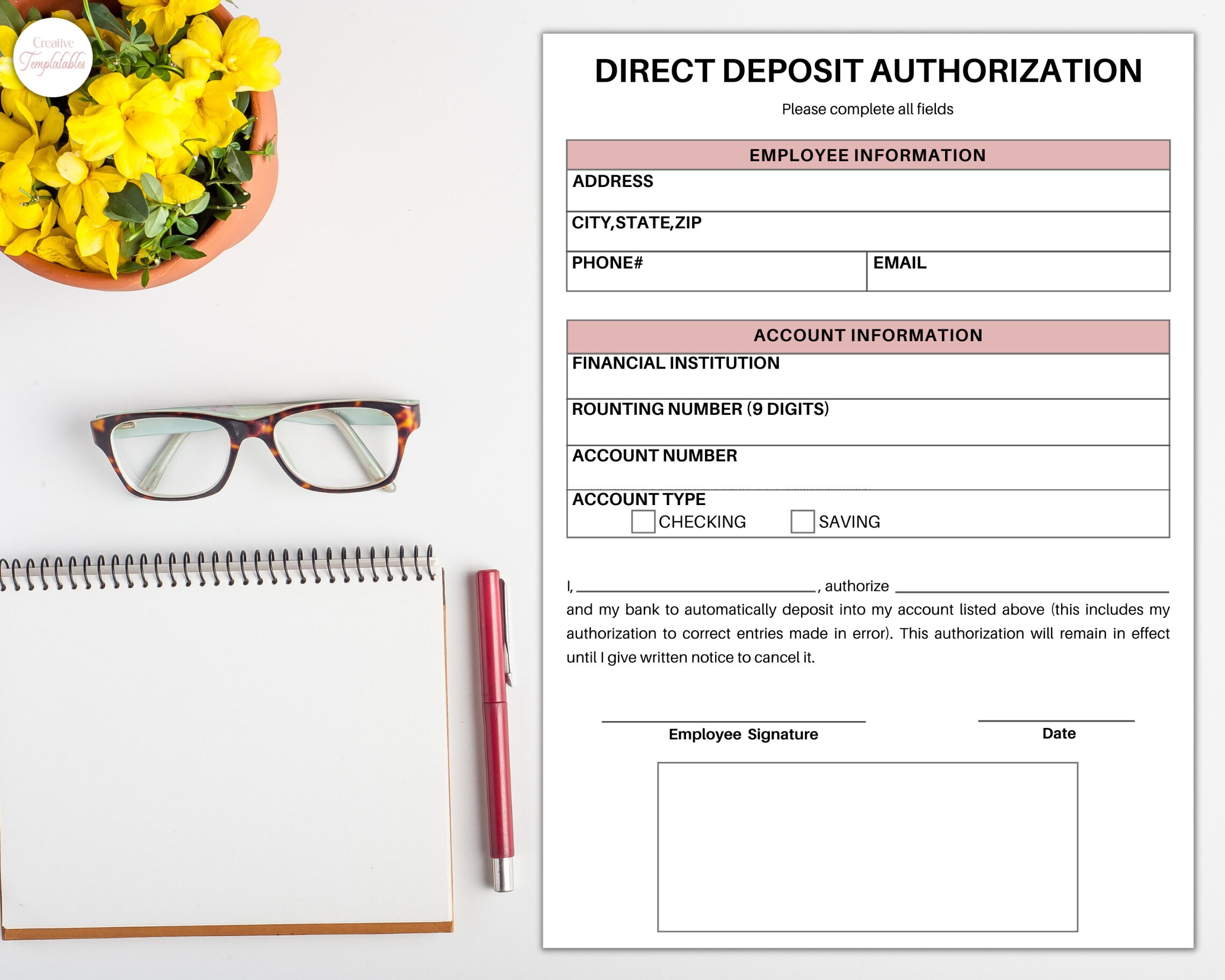 Direct Deposit Authorization Template | Editable Automatic Payment ...