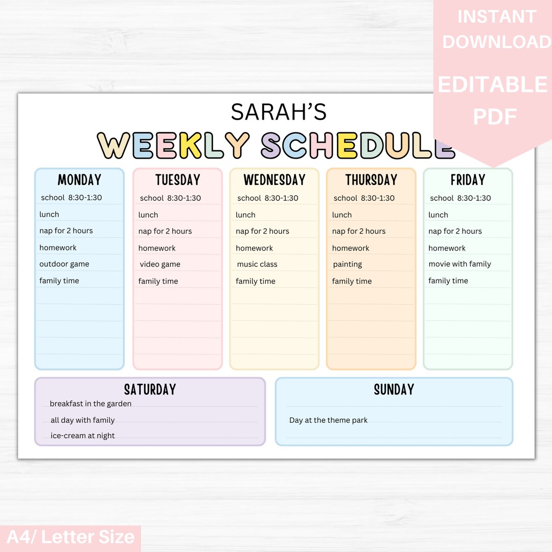 Weekly Schedule Kids Chore Chart Editable Weekly Checklist for Kids ...