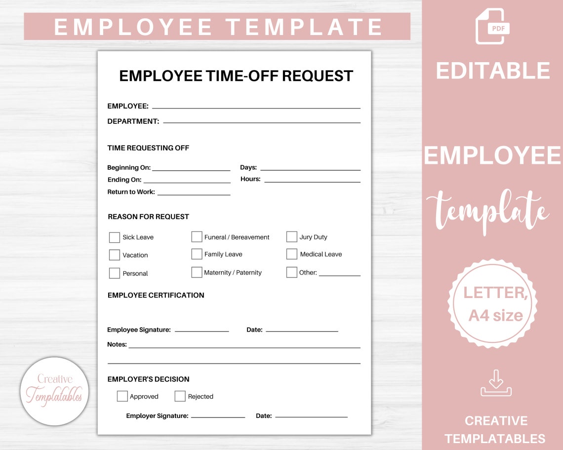 Employee Time-off Request Template | Editable Vacation Form | Time-off Tracker | PTO Request ...