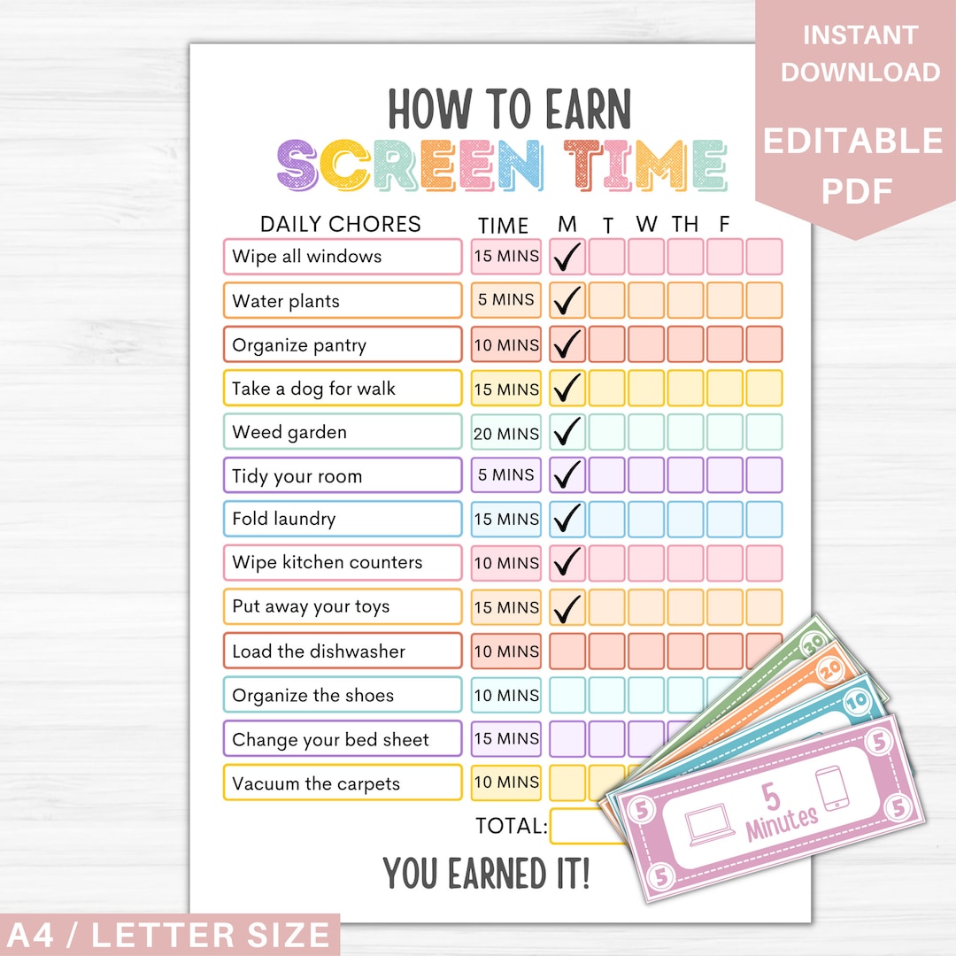How to Earn Screen Time With Screen Bucks | Editable Allowance Chore ...