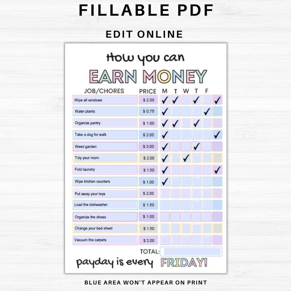 How to Earn Money Chore Chart | Editable Allowance Chore Chart for Kids ...