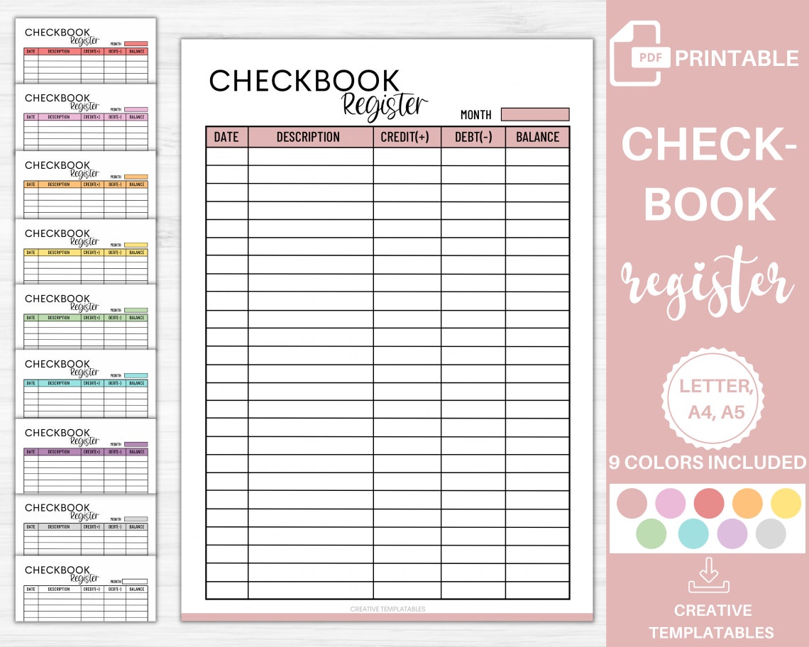 Checkbook Register Printable Check Transaction Tracker Checkbook Log ...