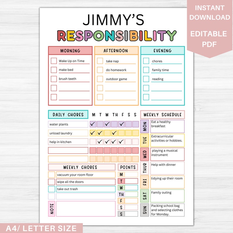 Responsibility Chore Chart for Kids Editable Chore Chart Daily Routine ...