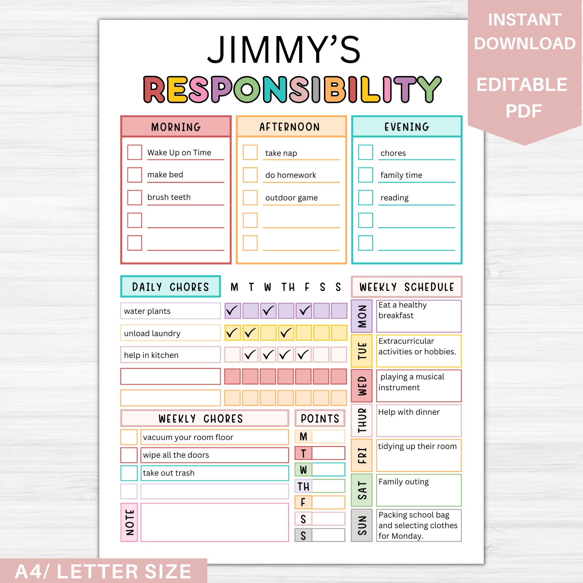 Responsibility Chore Chart for Kids Editable Chore Chart - Etsy