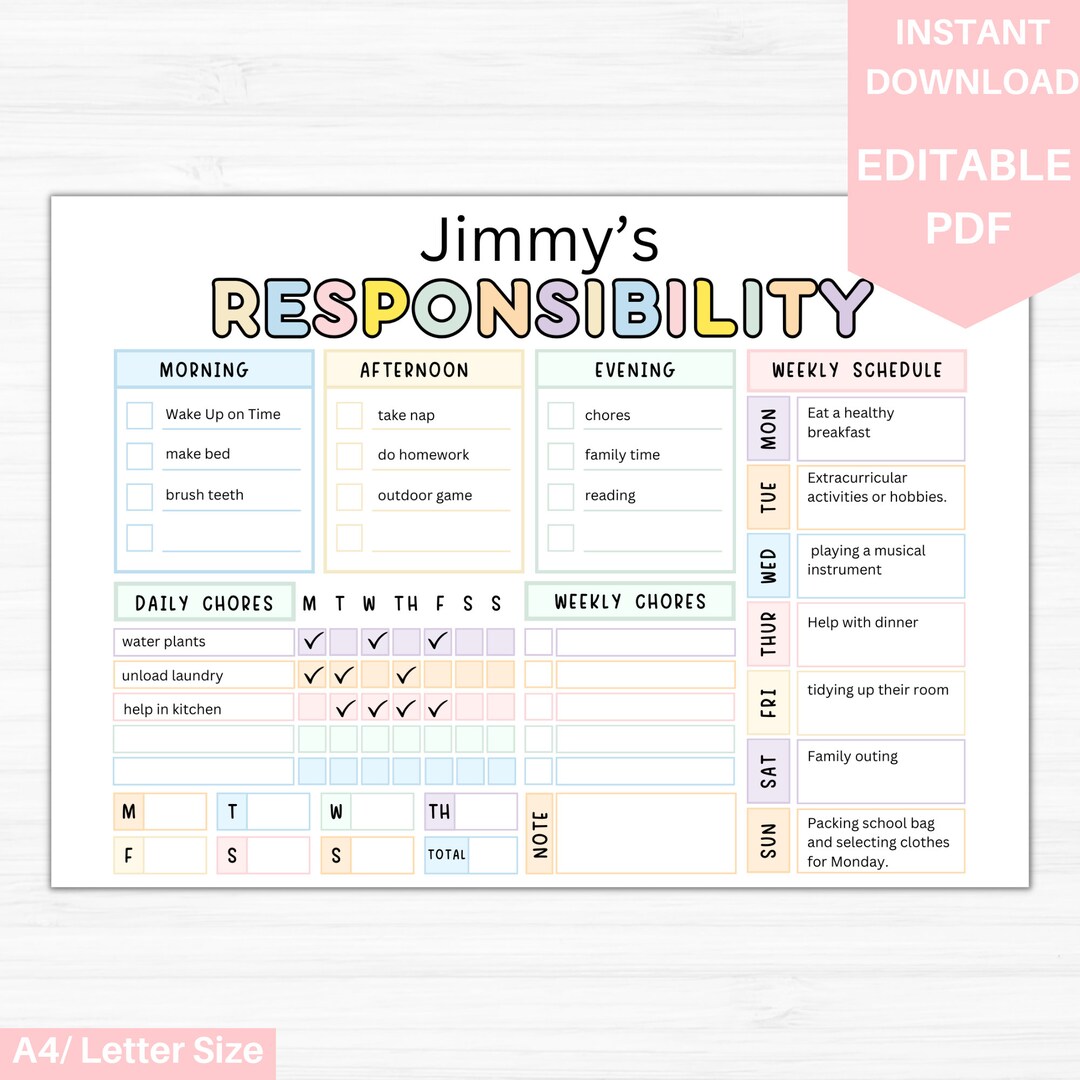 Responsibility Chore Chart for Kids Editable Chore Chart Daily Routine ...