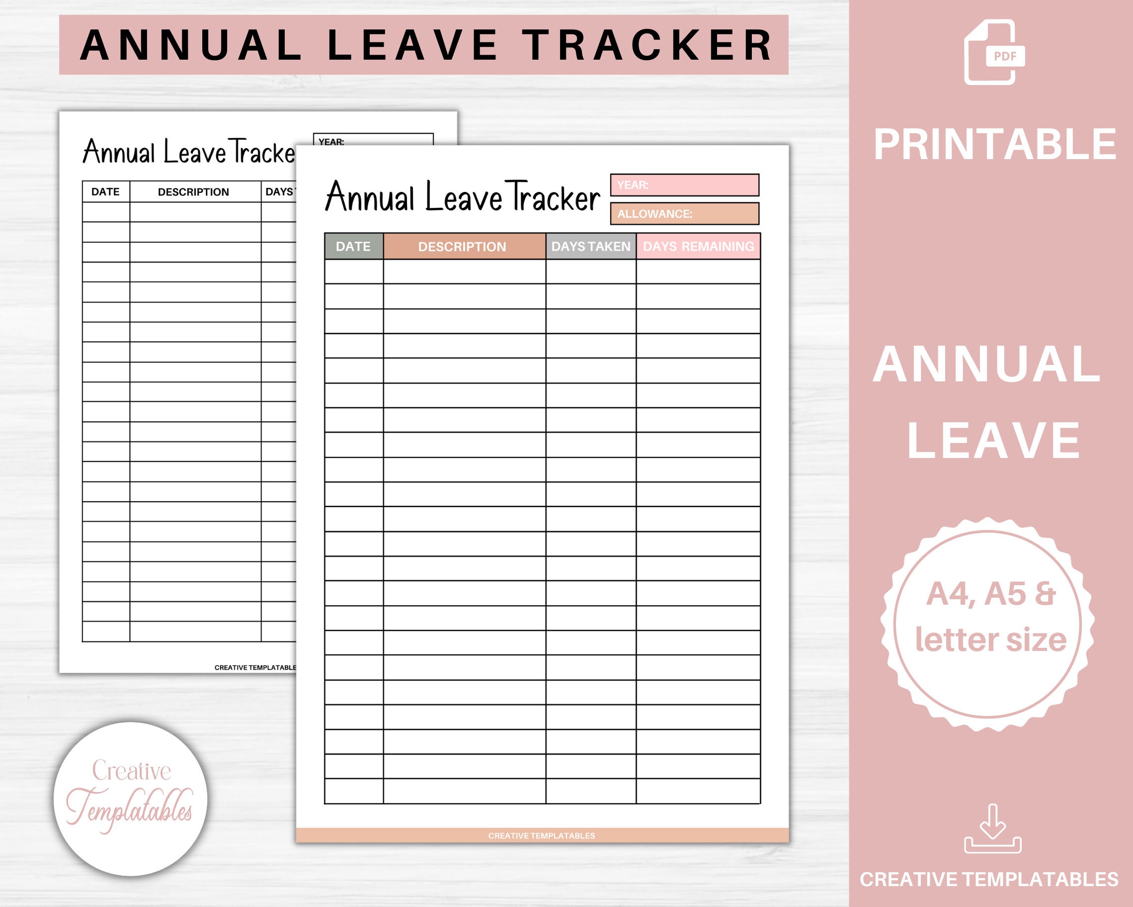 Annual Leave Tracker Printable Holiday Tracker Work Leave Log Annual ...