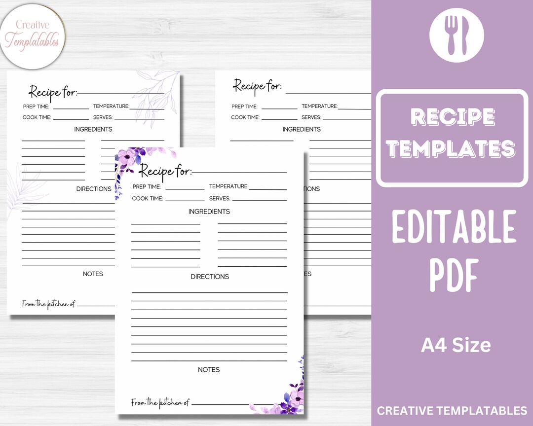 Recipe Template Editable Recipe Planner Recipe Organizer Meal Prep ...