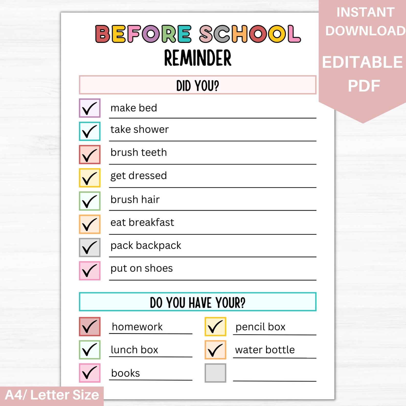 School Checklist Reminders for Kids Preschool Kindergarten - Etsy