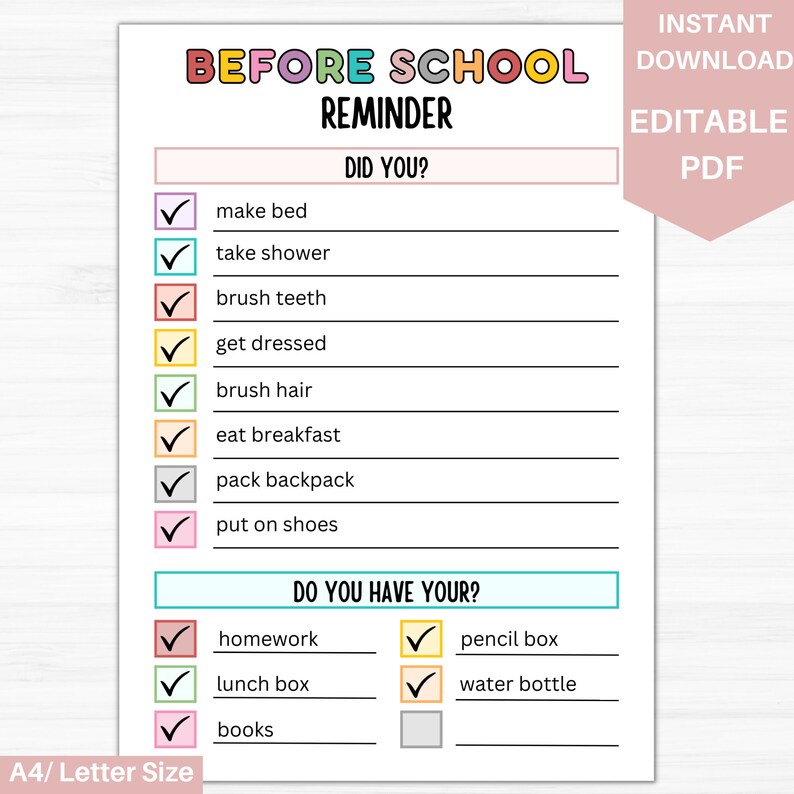School Checklist Reminders for Kids Preschool Kindergarten Elementary ...