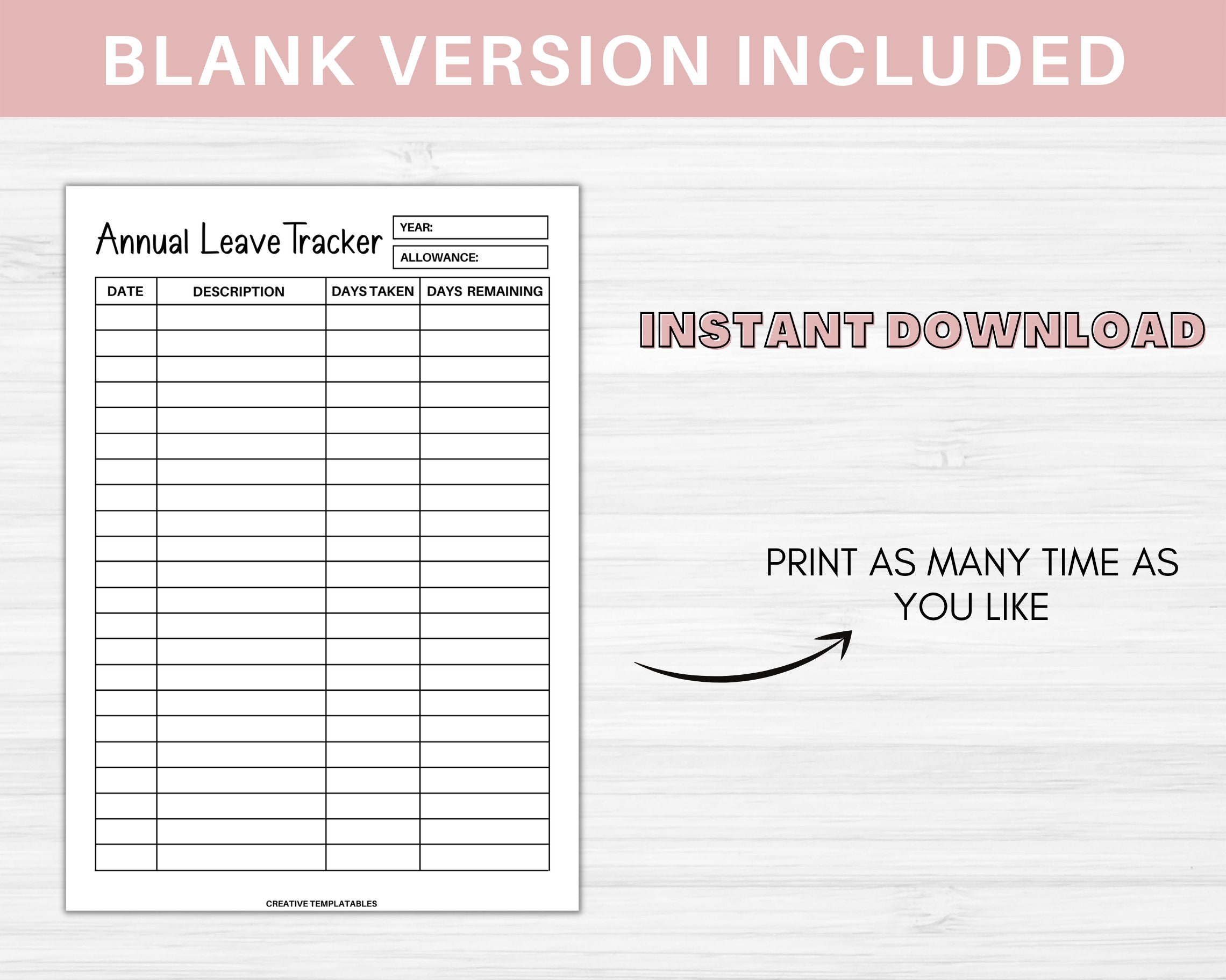 Annual Leave Tracker Printable Holiday Tracker Work Leave Log Annual ...
