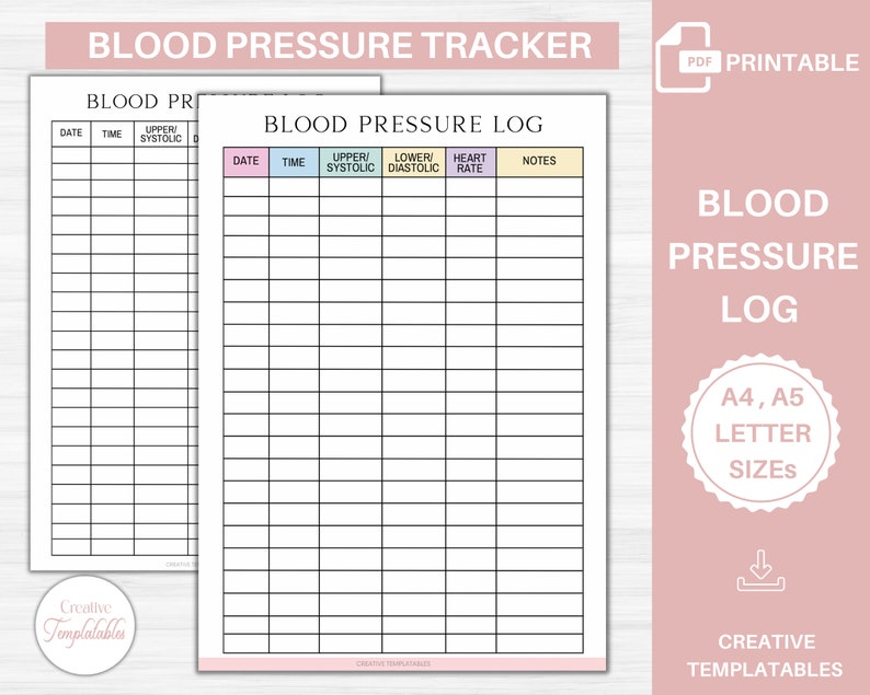 Blood Pressure Tracker Printable Blood Pressure Log Hypotension Medical ...