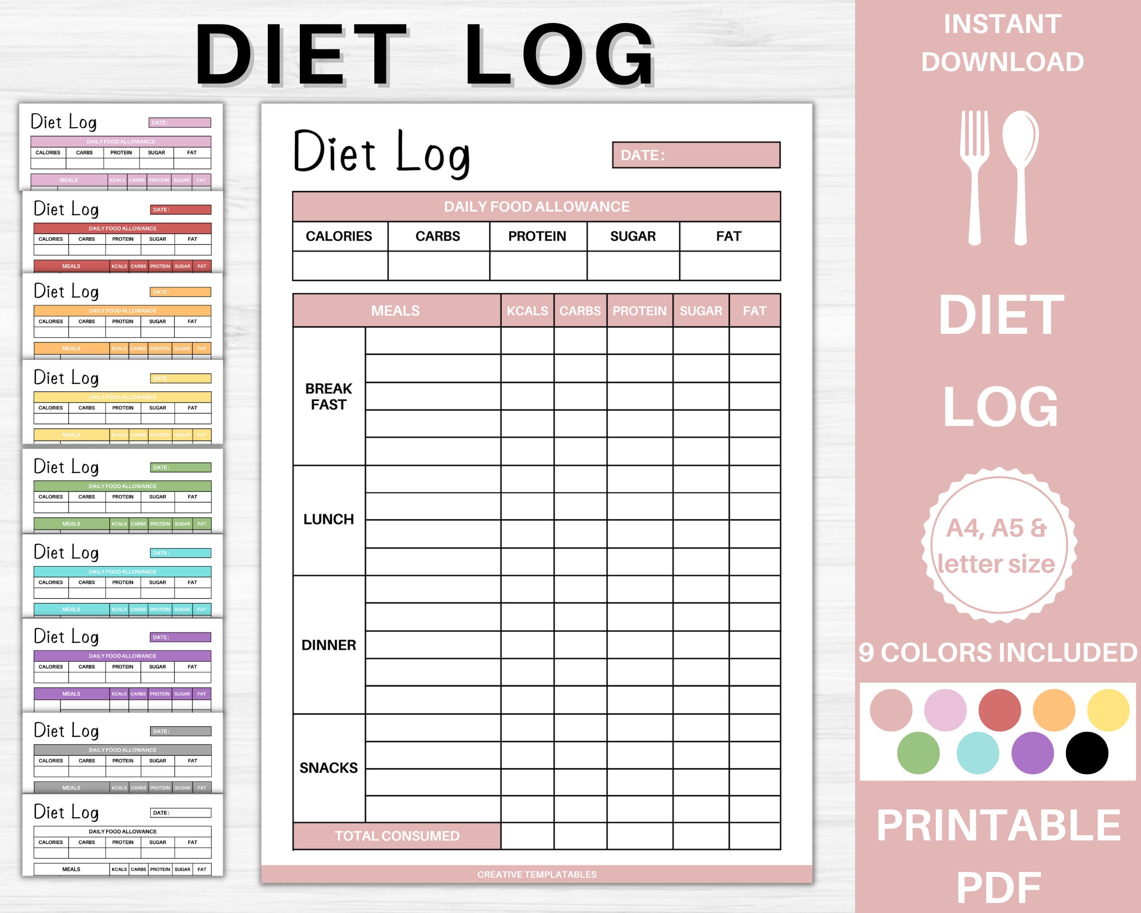 Diet Log | Printable Fitness Log | Fitness Tracker | Diet Tracker ...