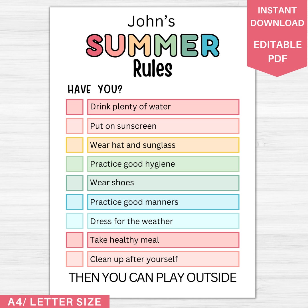 Summer Rules for Kids Summer Routine Editable Summer Rules Checklist ...