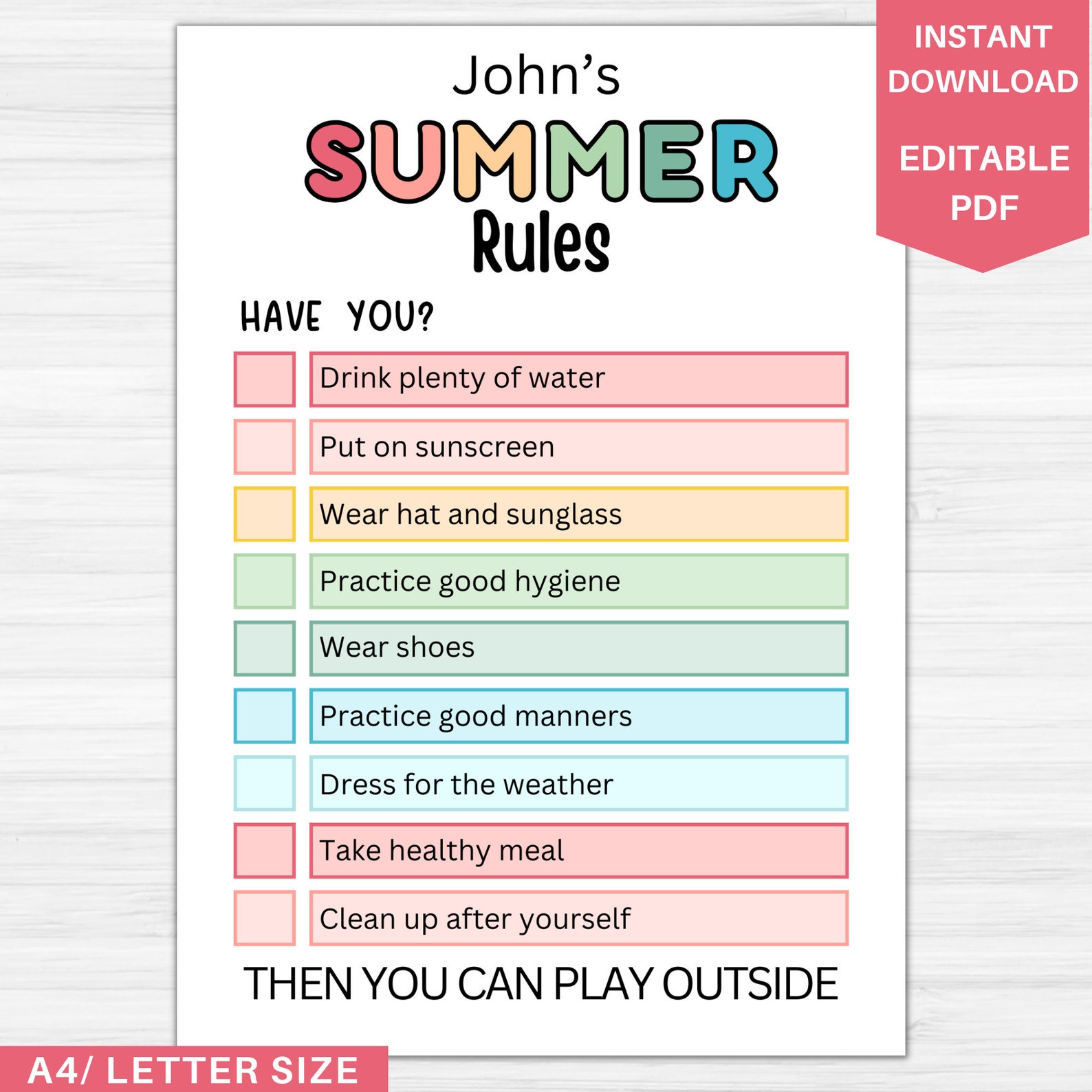 Summer Rules for Kids Summer Routine Editable Summer Rules Checklist ...